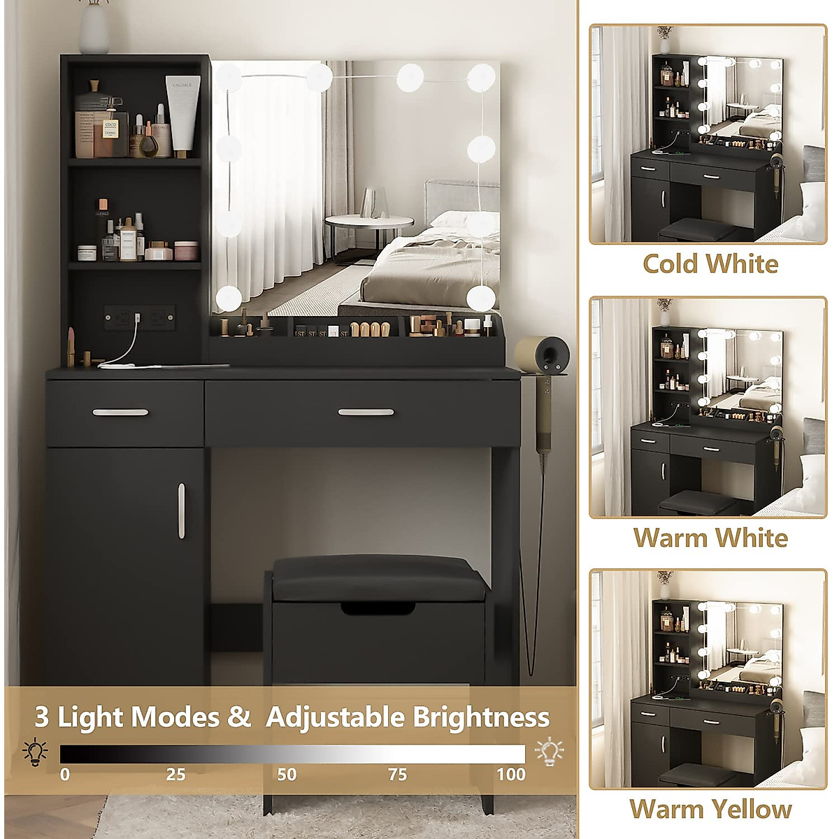 Fameill Makeup Vanity Desk with Lighted Mirror & Power Strip,Black Vanity Table Set with Lights and Lots Storage,2 Drawer Makeup Table,3 Lighting Colors,35.4in(L)
