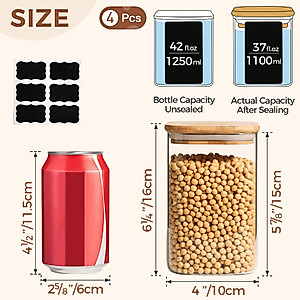 ComSaf Glass Storage Containers with Lids 37fl.oz, Glass Jars with Bamboo Lids, Clear Food Storage Jar, Glass Canister For Pantry Noodles Flour Cereal Rice Sugar Tea Coffee Beans, Square Set of 4