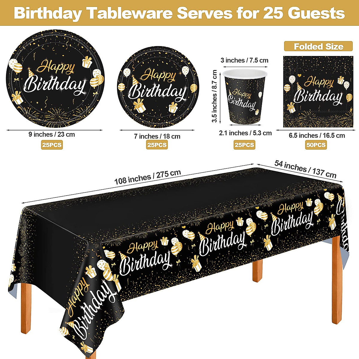 durony 126 Pieces Black and Gold Complete Birthday Tableware Set Party Supplies Includes Paper Cups Plates Napkins Waterproof Tablecloth Happy Birthday Party Favor