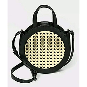 A New Day Round Crossbody Bag Purse Handbag Black Faux Leather & Woven Straw, 8" x 8"