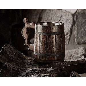 Etno Motif Handmade Wood Mug 20 oz Stainless Steel Cup Carved Natural Beer Stein Old-Fashioned Brown - Wood Carving Beer Mug of Wood Wooden Beer Tankard Capacity: 20oz (600ml) - Great Gift Idea