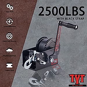 TYT 2500LB Boat Trailer Strap Winch with 26FT Black Strap, Longevity Resists Rust Hand Crank Winch with Hook, 2 Way Ratchet High Steel Gear Manual Winch for Jet Ski Boat Trailer Towing Pulley RV Winch