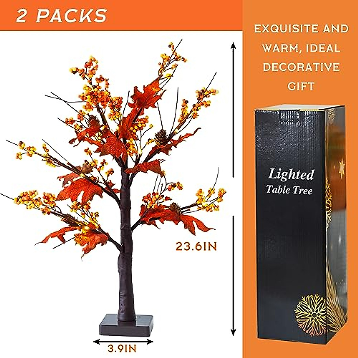 Ethlomoer 2 Pack 24 Inch Artificial Fall Maple Tree, Prelit 48 LEDs for Thanksgiving Decorations Fall Decor, Battery Operated with Timer, Lighted Autumn Tabletop Tree for Harvest Home Indoor Decor