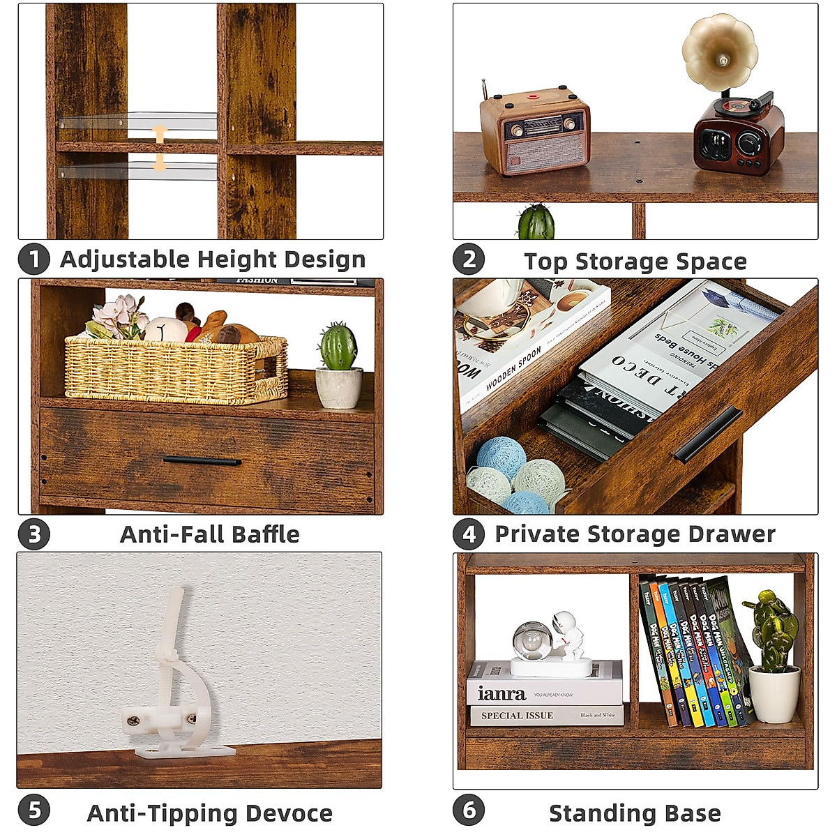 LELELINKY 6 Tier Open Bookshelf Mid Century Modern Bookcase, Wood Book Shelf with 8 Cubes and a Drawer, Floor Freestanding Bookshelves Cube Storage Organizer for Bedroom, Living Room, Office (Brown)