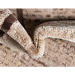 Unique Loom Oasis Collection Modern, High-Low Pile, Border, Stripes, Abstract Area Rug (7' 0 x 7' 0 Round, Brown/Beige)