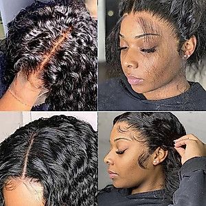 Kropan 30 Inch Water Wave Lace Front Wigs Human Hair Brazilian Virgin Human Hair 13X4 Lace Frontal Wig 180% Density Pre Plucked With Baby Hair Natural Black Wigs