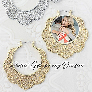 Bohemian Boho Filigree Hoop Earrings for Women – Intricate & Delicate Cutout Design Details – Tribal Floral Gypsy Lightweight Geometric Metallic Statement Earrings (Outer Floral - Gold)