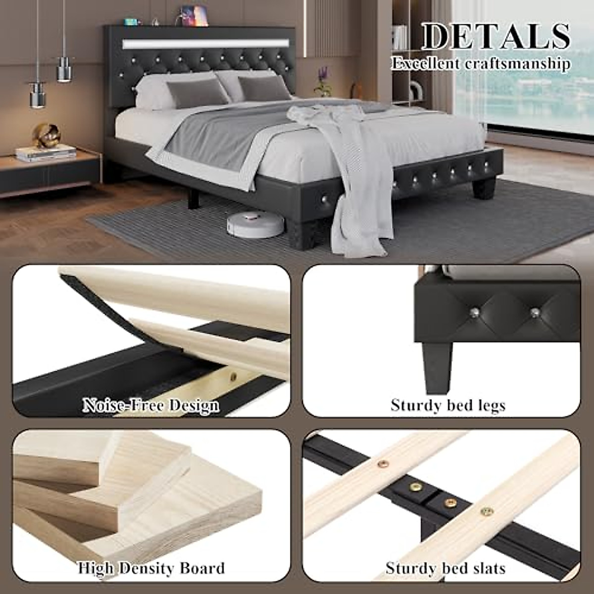 Forrise King Size LED Platform Bed Frame with Adjustable Headboard, Modern Bed Frame with Charging Station, Wooden Slats Support, Easy Assembly, No Box Spring Needed, Black