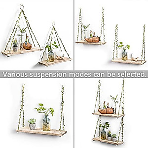 Green Leaf Rope Hanging Shelves - Hanging Shelf for Plants, Bohemian Style for Bedroom, Bathroom, Living Room, Nursery, Kitchen, Farmhouse Hanging Shelves -17in Set of 2 (Log Color)