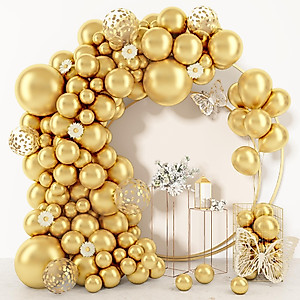 Amandir 153pcs Metallic Gold Balloon Garland Arch Kit, Different Sizes 18 12 10 5 inch Chrome Gold Latex Confetti Balloons for Wedding Birthday Graduation Holiday Party Supplies