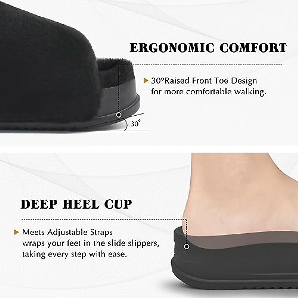 KuaiLu Womens Fuzzy Platform Open Toe Slippers with Arch Support Fluffy Furry Slides Orthotic Faux Fur Sandals adjustable house Slippers Indoor Outdoor Black Size 12