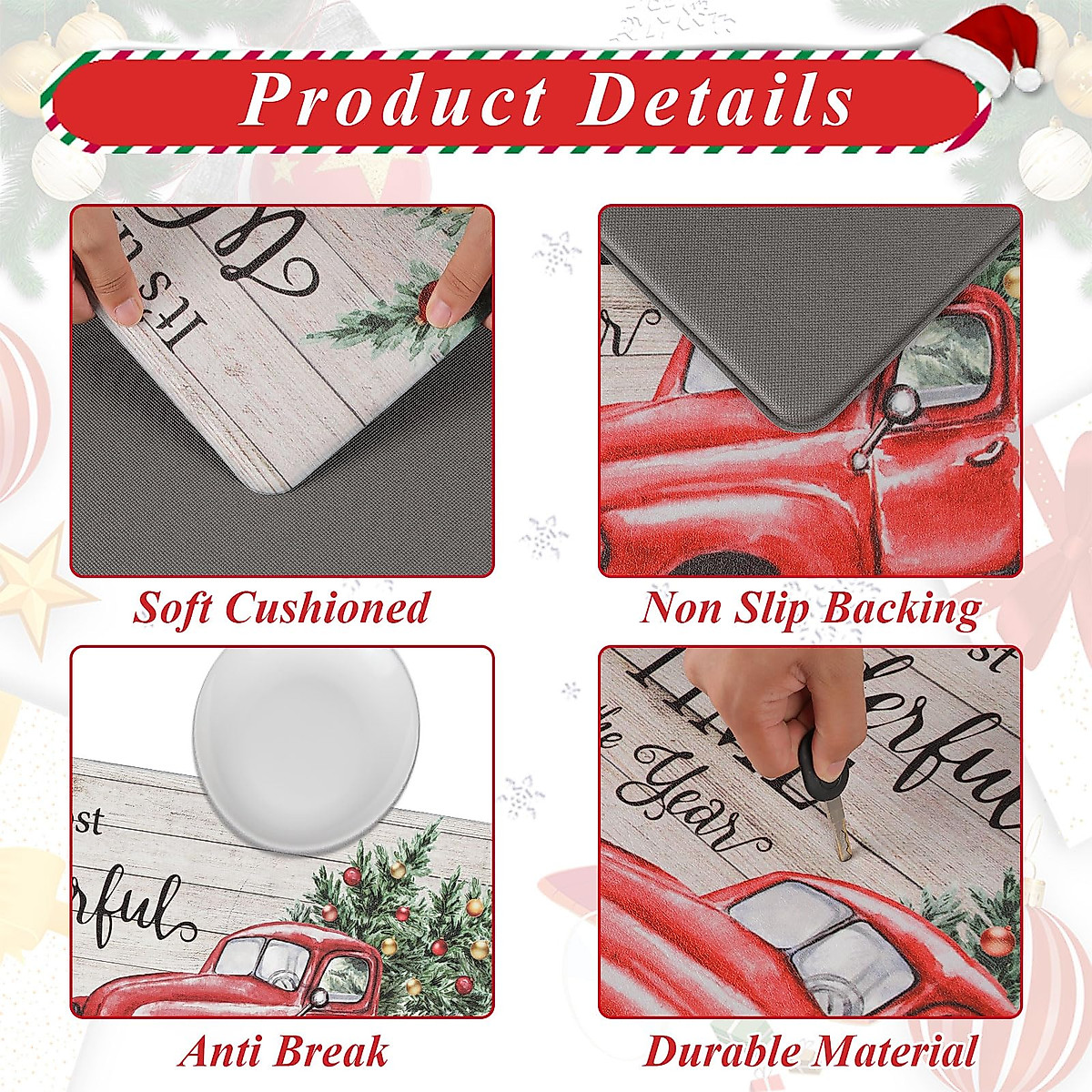 U'Artlines 2Pcs Christmas Anti Fatigue Kitchen Rugs and Mats, Red Truck Tree Non Slip Foam Cushioned Farmhouse Kitchen Floor Mats Comfort Standing Mats for Winter Home Decor