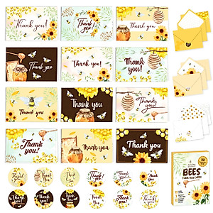 Decorably Thank You Cards with Envelopes & Stickers - 24 Pack Honey Bee Thank You Cards with Envelopes & Stickers, Blank Inside Bee Note Cards, 6x4in Bee Notecards, Bee Cards with Envelopes