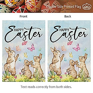 CROWNED BEAUTY Happy Easter Bunnies Garden Flag 12X18 Inch Small Double Sided for Outside Burlap Butterflies Yard Holiday Decoration CF759-12