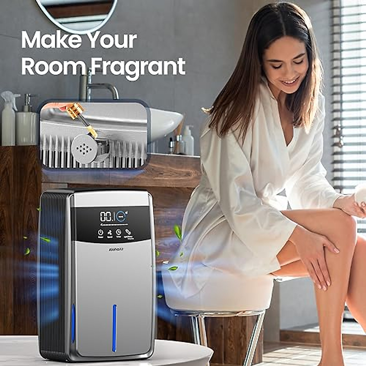 AlohaAir Dehumidifier for Home with Drain Hose, 95 OZ Dehumidifiers for Room, Quiet, Aromatherapy, Timer, Auto Shut-off, Dehumidifiers for Bathroom, Bedroom, Closet, RV & Basement