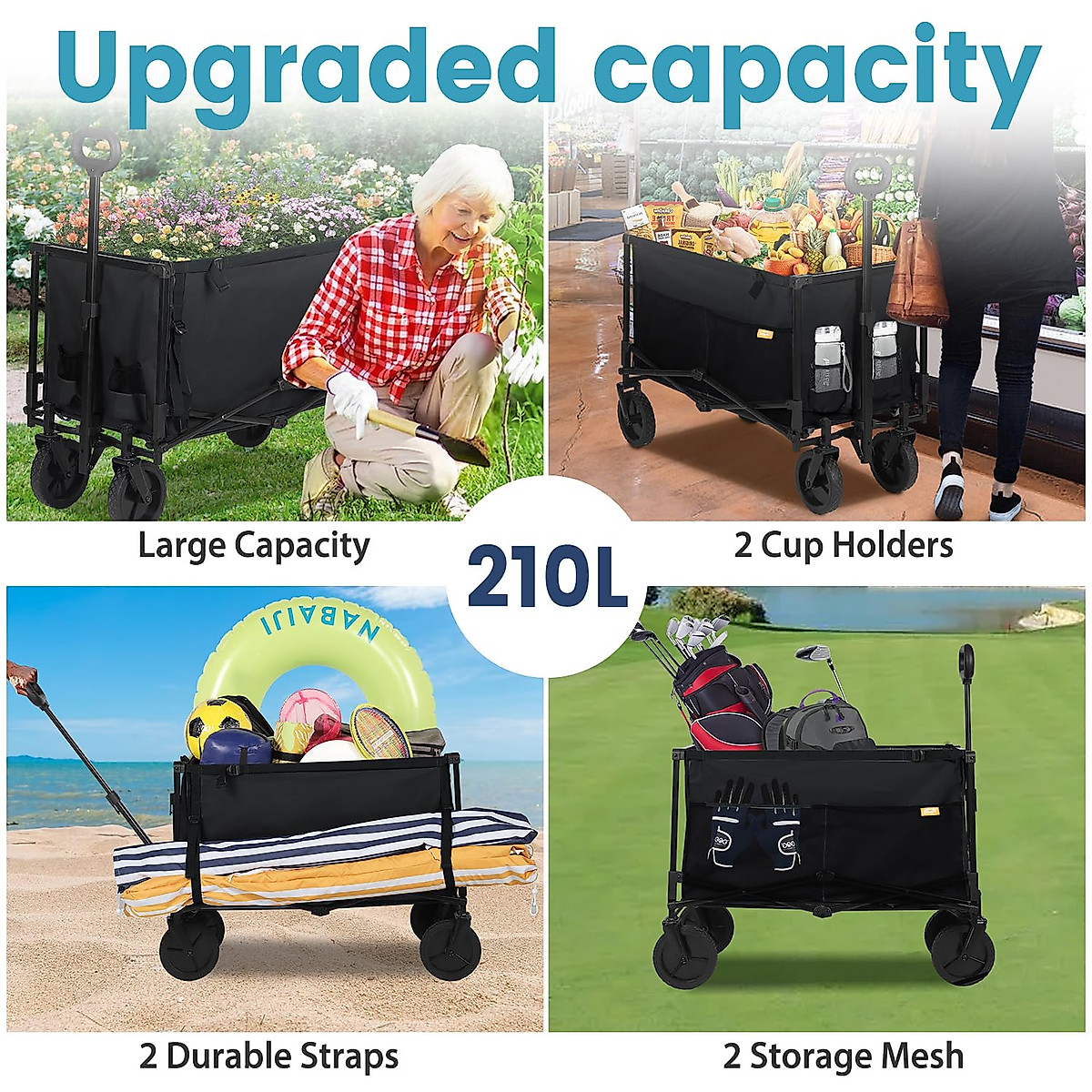 Tempera Collapsible Foldable Wagon with 220lbs Weight Capacity, Folding Wagon with All-Terrain Wheels, Havy Duty Utility Wagon for Sports, Grocery, Garden, Beach, Black