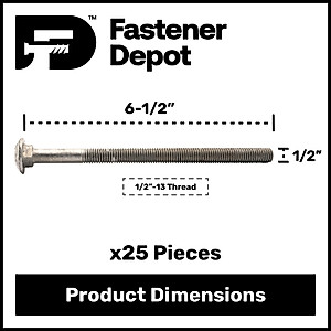 1/2"-13 x 6-1/2" Hot Dipped Galvanized Carriage Bolt, 6" Thread, Quantity 25 - by Fastener Depot, LLC
