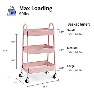 LEZIOA 3 Tier Metal Rolling Cart, Multipurpose Compact Storage Cart with Wheels, Easy to Assemble & Move, Suitable for Kitchen Office Bathroom Classroom (Pink)