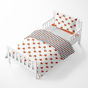 Bacati Playful Foxs 4 Piece Neutral Toddler Bedding Set, Orange/Grey 100 Percent Cotton Includes Reversible Comforter, Fitted Sheet, Top Sheet, and Pillow Case for Boys/Girls
