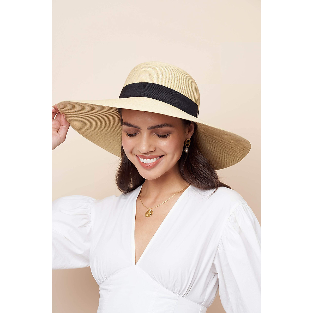 Pineapple&Star Jeune Wide Brim Sun Straw Beach Hat Fine Braid UPF50+ for Women (Small, Beige)