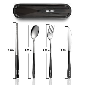 INKULEER Travel cutlery set, 18/8 stainless steel cutlery, Reusable utensils set with case, Portable Silverware Lunch Box for Camping and Office(Black/knife set)
