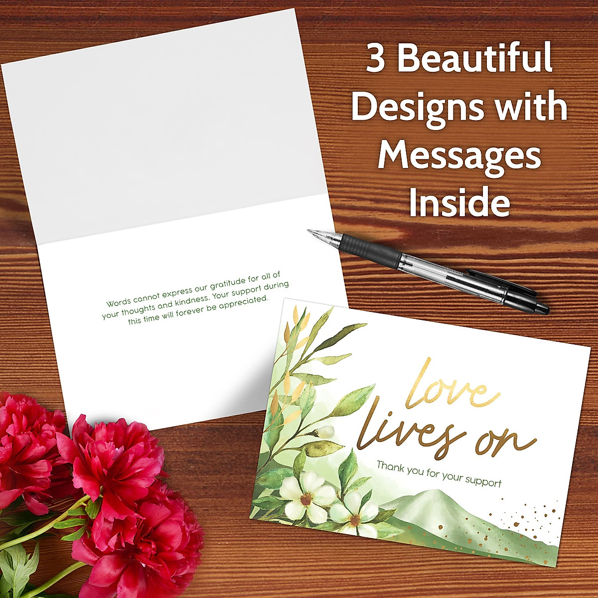 T MARIE 24 Gold Foil Funeral Thank You Cards With Message Inside - 4.5 x 6.25” Floral Bulk Sympathy Flower Thank You Cards with Words Inside - Bereavement Thank You Notes With Envelopes