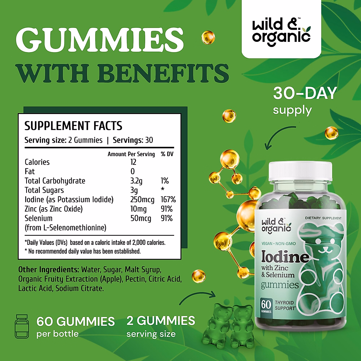 Wild & Organic Iodine Gummies 250mcg - Immune Support Complex w/Potassium Iodide - Selenium Zinc Iodine Supplement for Immunity & Overall Support - 60 Vegan, Pectin-Based Gummies