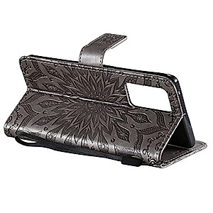 SATURCASE Case for Oppo Reno 6 Pro 5G, Sun Flower Embossing PU Leather Flip Magnet Wallet Stand Card Slots Protective Cover with Hand Strap for Oppo Reno 6 Pro 5G (Gray)