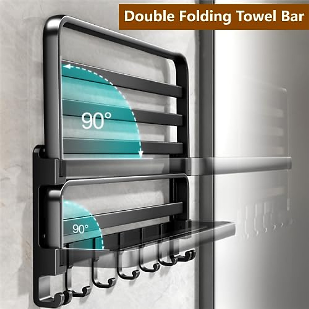 Noffeelink 24 Inch Towel Rack, Shower Towel Rack with Shelf, Towel Shelf for Bathroom, Bathroom Towel Rack with Hooks, Wall Mount Towel Rack No Drill and Screw Mounting (Black)