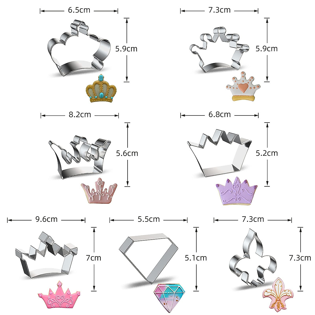 Crown Cookie Cutters Shapes Set of 7 - Stainless Steel Metal King Crown, Queen Crown, Prince Crown, Princess Crown, Diamond, Iris Cookie Cutter Biscuit Fondant Mold for Birthday Wedding Valentine Day