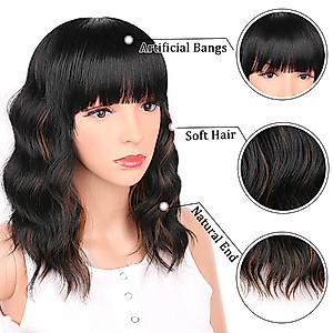 Ucubb Black Mixed Brown Wig for Black Women 14 Inch Short Wavy Hair Wigs Curly Bob Wig with Bangs Wigs Shoulder Length Wigs for Black Women Bob Style Synthetic Heat Resistant Bob Wigs