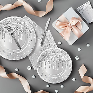 YJRJSC Silver Plates And Napkins Party Supplies - Silver Party Decorations Tableware For Birthday Bridal Shower, Paper Plate, Napkin, Cup, Cutlery, Diamonds Silver Glitter Table Decorations | Serve 24