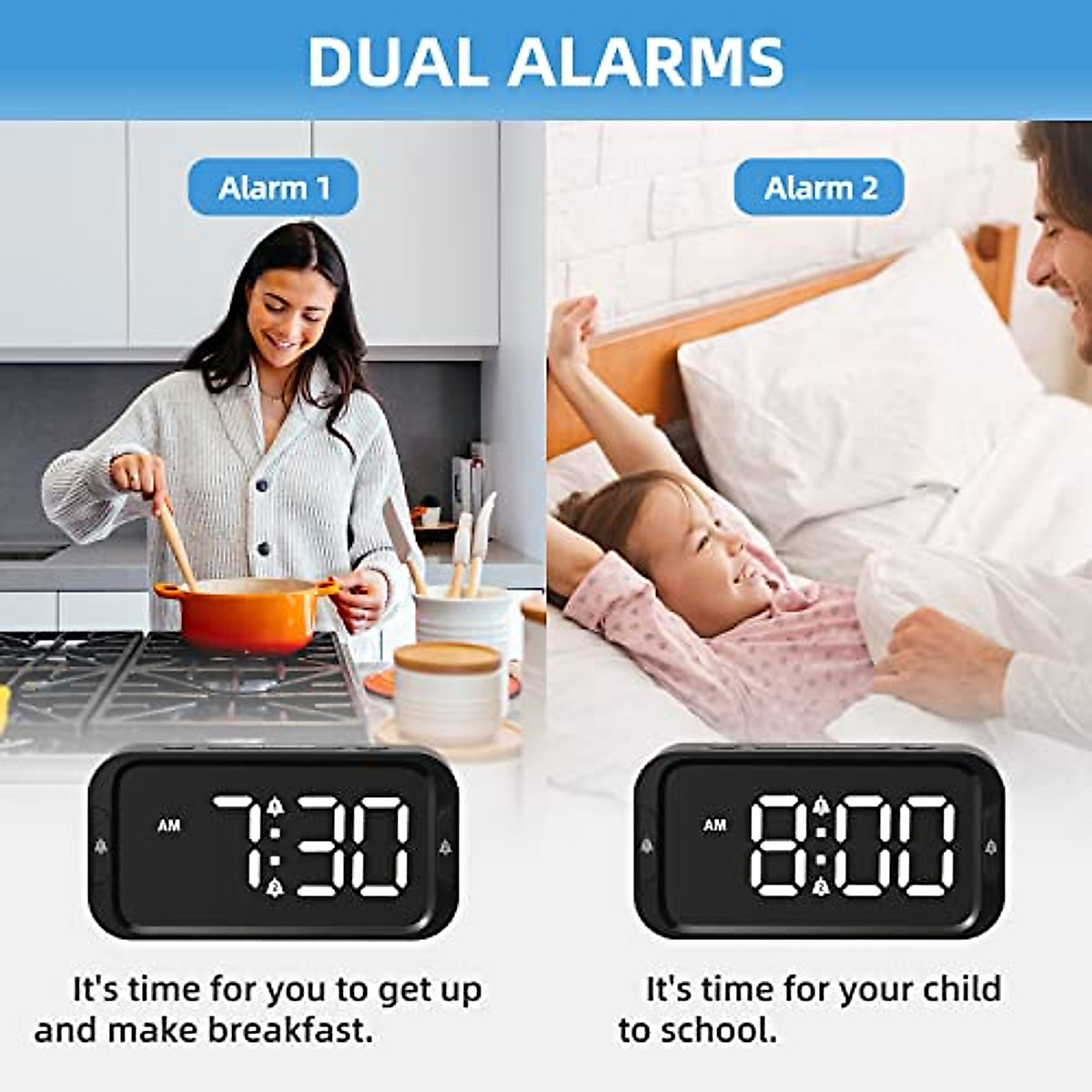 Searon Alarm Clock for Bedroom - Digital Desk Clock for Kids Dimmable LED Display, Dual Loud Alarms, Programmable Snooze, 12/24H, DC 5V/1A USB Port Charger - 5.6 x 2 x 2.8 Inches