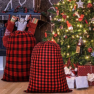 2 Pieces Christmas Sack Buffalo Plaid Drawstring Storage Bags Exlarge 39.37 x 25.9 Inch Xmas Storing Sacks Bags for Party Favors Supplies (Black and Red Plaid)