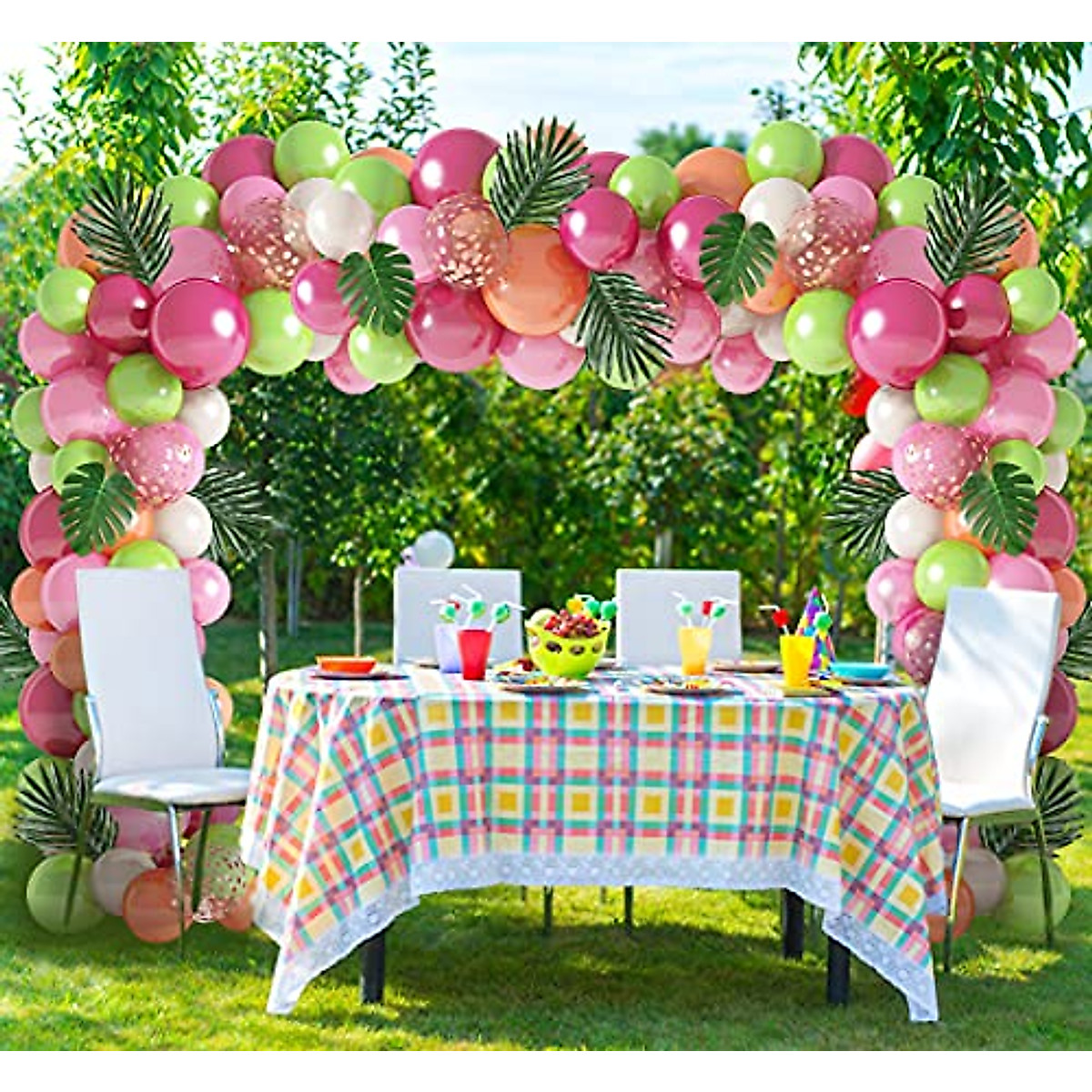 117Pcs Tropical Balloons Arch Garland Kit, Hot Pink Green Rose Gold Confetti Balloons Palm Leaves & 5Tools for Tropical Hawaii Aloha Luau Flamingo Theme Birthday Party Baby Shower Wedding Decorations