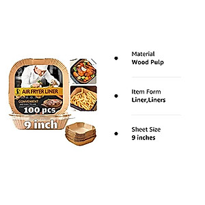 Air Fryer Disposable Paper Liner Square 9 Inch, 125 Pcs Large Square Air Fryer Paper Liners for 6-10QT Air fryer, Non-stick Parchment Paper for Frying, Baking, Cooking, Roasting and Microwave