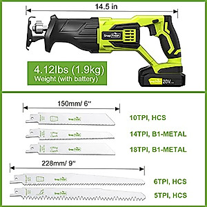 Reciprocating Saw - SnapFresh Cordless Reciprocating Saw for Woods Metal Plastic Cutting, 0-3000 SPM Powerful Motor Reciprocating Saw, Lightweight Cordless Design, Battery-powered
