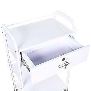 3-Tier Rolling Utility Cart with Wheels,White Mobile Esthetician Cart Trolley with Single Lockable Drawer,Medical Den-tal Serving Cart Trolley Steel Serving Cabinet & Kitchen Cart,Load 33LBS