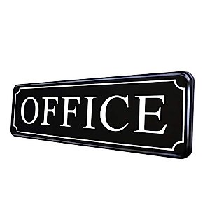The Office sign for door or wall — quick easy installation. Self-adhesive — 9 X 3 in. The Best sign for home office and business. White big letters on black plate. Main office sign