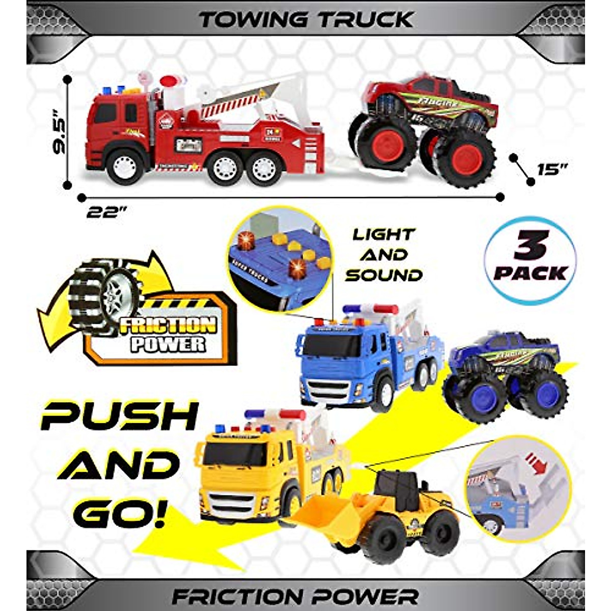 Mozlly Friction Powered Emergency Tow Truck Toys Set of 3 - Assorted Color Towing Trucks with Big Racing Monster Trucks & Bulldozer, Interactive Sound & Light - 3 Pack