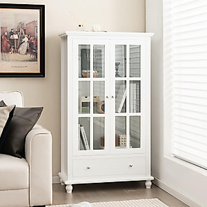 Giantex 55" White Bookcase with Doors and Drawer, Tall Wooden Bookshelf Organizer with Adjustable Shelves, Freestanding Glass Display Storage Cabinet for Living Room Bedroom Kitchen Pantry