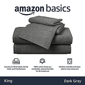 Amazon Basics Cotton Jersey 4-Piece Bed Sheet Set, King, Dark Gray, Solid