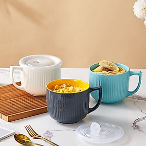 Hoilse Ceramic Soup Bowl with Handle and Vented Lid, 32oz Large Deep Soup Mug with lid, Travel Cereal Bowl for ramen and instant noodle Microwave Safe, Dishwasher Safe(Blue)