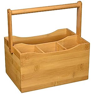 Cortesi Home Kira Natural Bamboo Cutlery Caddy Tabletop Holder with Handle and 4 Compartments, Brown