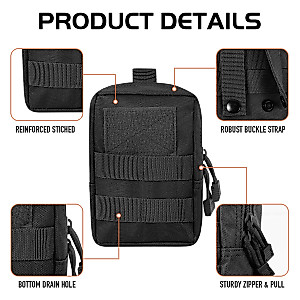 Gogoku 3-Pack Combo Molle Pouch Water Bottle Pouch Holder with Detachable Flag Patch & 5 D-Ring Clip Tactical Molle Pouches Compact Utility EDC Waist Bag Pack Black
