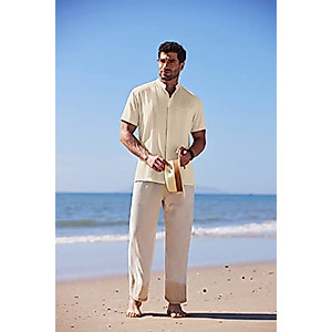 COOFANDY Men's Short Sleeve Linen Shirt Guayabera Cuban Beach Tops Band Collar Casual Button Down Shirts Khaki