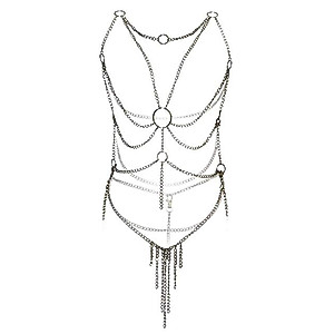 Women's Lingerie Chain Set Cross Enticing Tassel Body Link Harness Metal Chain Set Metallic