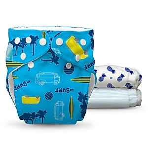 Charlie Banana Baby Washable and Reusable Cloth Diapers, 3 Soft Pocket Diapers and 6 Absorbent Inserts, One-Size, Surf Rider