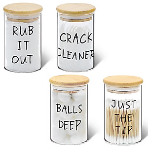 FyndraX Bathroom Organizer Holder Jars Set of 4, Funny Decor Qtip Glass Canister Containers for Guest Room, Restroom and Washroom Storage of Cotton Ball, Cotton Swab, Cotton Round Pads, Floss