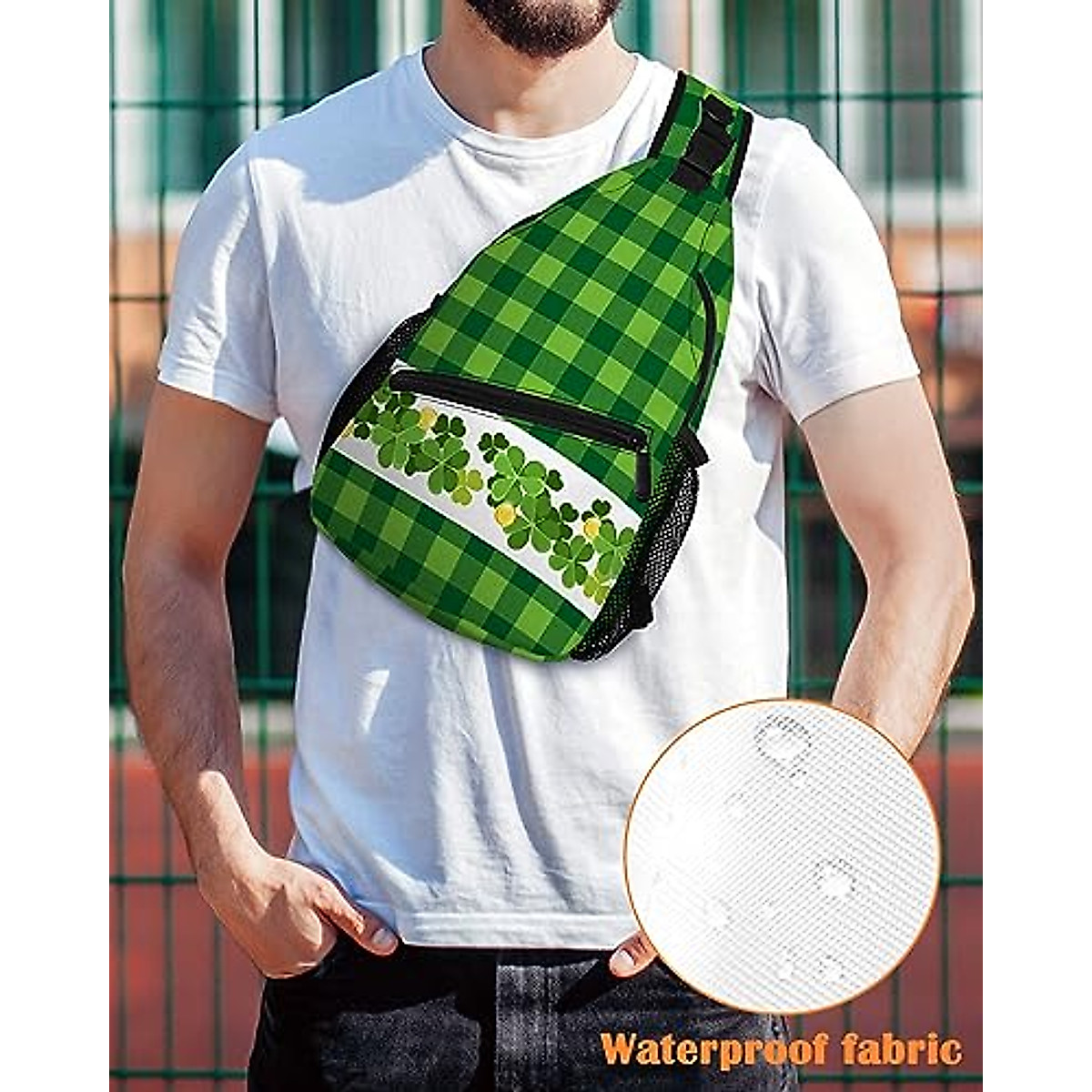 Sling Backpack, St. Patrick's Day Lucky Clover Green Buffalo Plaid Waterproof Lightweight Small Sling Bag, Travel Chest Bag Crossbody Shoulder Bag Hiking Daypack for Women Men